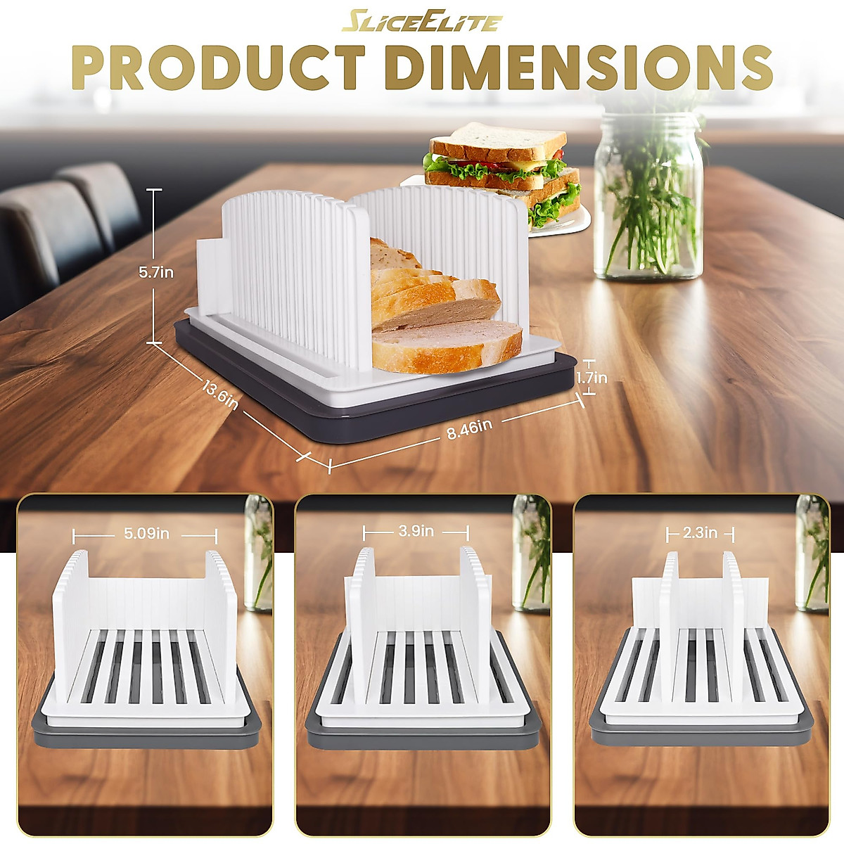 SliceElite Bread Slicer for Homemade Bread with Adjustable Width - Effortless & Consistent Slices, Folds Flat for Compact Storage, Built-in Crumb Tray & Bonus 8-Inch Serrated Bread Knife!