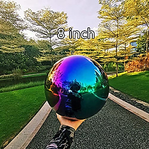 Pangmao Rainbow Gazing Globe Mirror Ball in Stainless Steel, Shiny Hollow Sphere Sparkling Housewarming Outdoor Ornament (8 Inch)