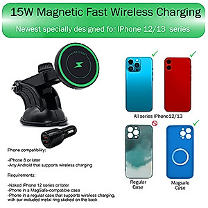KLEVERIDE - Magnetic Wireless Charger Car Mount/Phone Holder with Flexible Angle, Fast Charging, Strong Magnet, Mounted on Dashboard/Windshield/Air Vent, Compatible with MagSafe iPhone 12/13/14 Series
