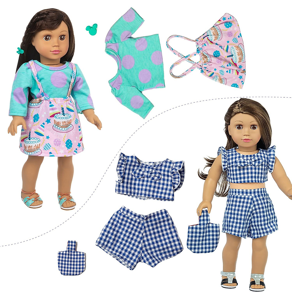 XFEYUE 22 Pcs American 18 inch Doll Clothes Gifts and Accessories, Fit 18 inch Doll - Including 10 Sets of Various Styles Doll Clothes, Hair Clips and Sunglasses Handbags