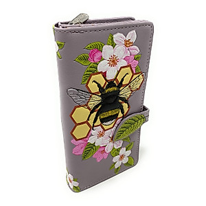 Shag Wear Bumblebee Tattoo Large Insect Wallet for Women and Teen Girls Vegan Faux Vegan Leather 7" Purple