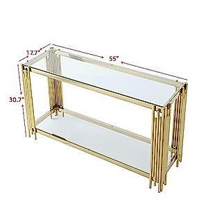 55" Gold Console Table, Modern Glass Sofa Table with Polished Golden Stainless Steel Frame and Clear Tempered Glass Top, for Living Room Entryway Bedroom