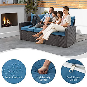 HOMREST 6 Pieces Patio Furniture Sets Clearance, Patio Dining Sofa Set Outdoor Sectional Sofa Conversation Set All Weather Wicker Rattan Couch Dining Table & Chair (Blue)