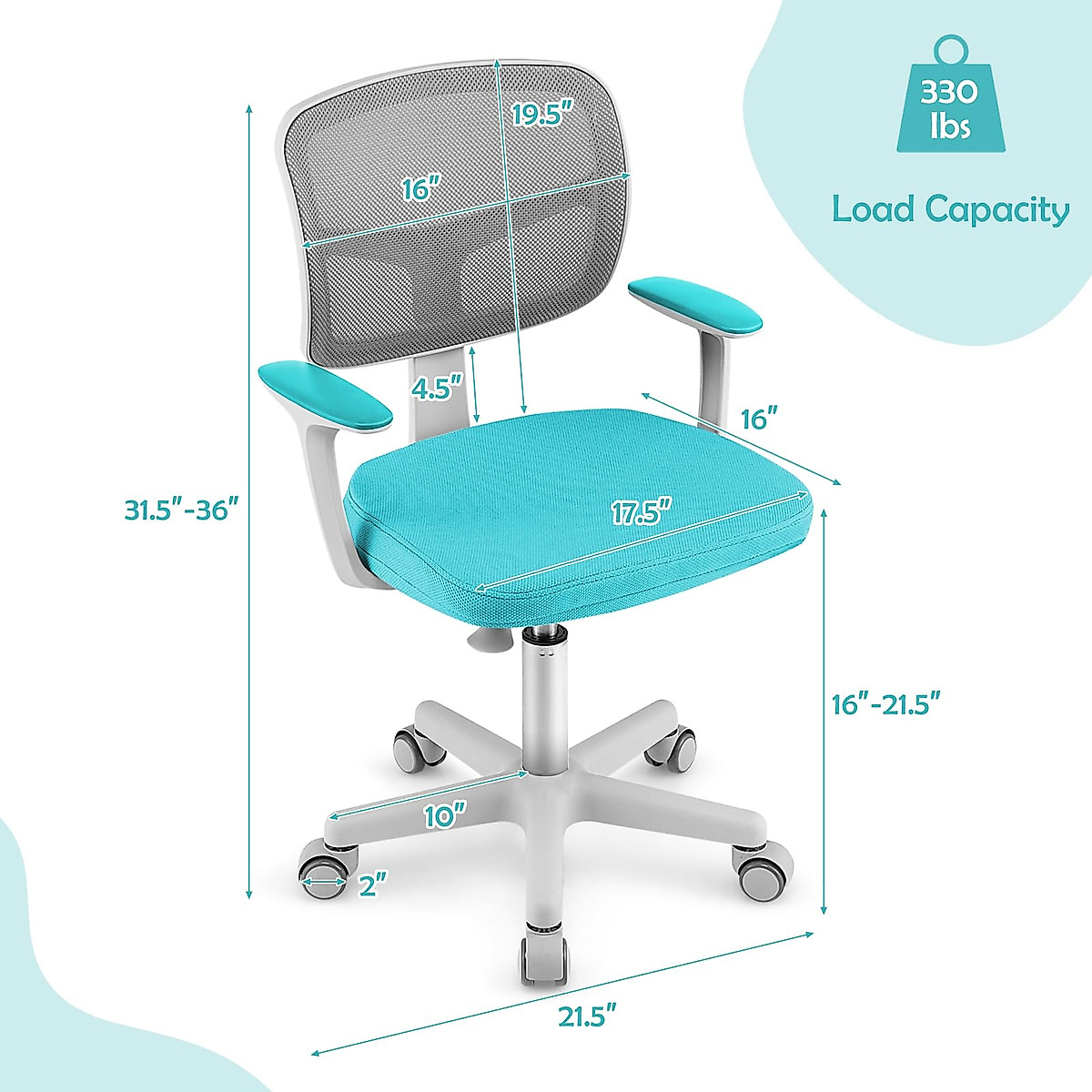 HONEY JOY Kids Desk Chair, Height Adjustable Children Study Chair, Swivel Mesh Task Student Chair, Universal Casters, Child Computer Desk Chair for Boys Girls Age 3-10 (Green)