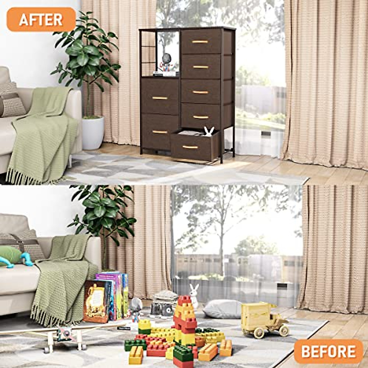 VredHom Fabric Dresser Storage Organizer, 7 Drawers Dresser with Shelves, Storage Dresser Fabric Storage Closets Storage Units Tower Steel Frame Wooden Top for Bedroom, Hallway, Nursery, Entryway