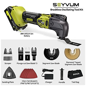 Oscillating Tool Kit, SEYVUM Brushless & Cordless Oscillating Saw With Max 20500 OPM, 4°Oscillating Angle, 6-Variable Speed, 20V Battery Powered & 22 Pcs Accessories Multi-Tool for Cut/Grind/Scraping