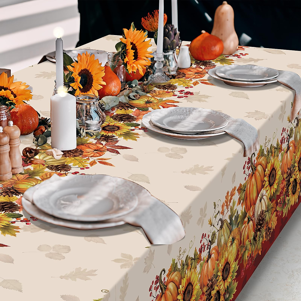 YIDAKO 3 Pack 108x54 inch Fall Tablecloths, Sunflower Pumpkin Tablecloth,Plastic Disposable Rectangle Table Cover for Autumn Harvest Thanksgiving Halloween Party Decorations