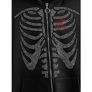 SHENHE Women's Punk Skeleton Graphic Zip Up Hoodie Oversized Rhinestone Drawstring Sweatshirt Black S