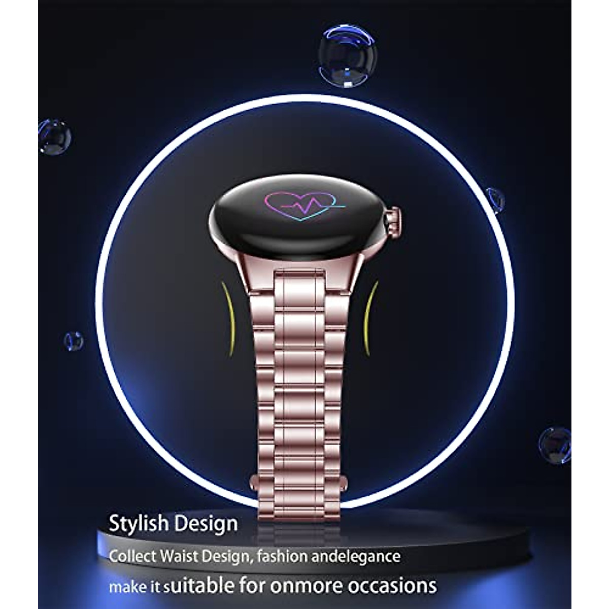 San Jeirie Stainless Steel Bands Compatible for Google Pixel Watch Band,Solid Metal Replacement Wristband Strap for Men Women(Rose Gold)