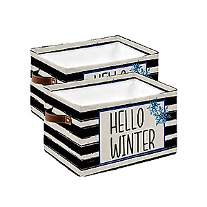 Large Storage Baskets Bins 2 Pack Hello Winter Snowflake Collapsible Storage Box Laundry Organizer for Closet Shelf Nursery Kids Bedroom Christmas Black Striped