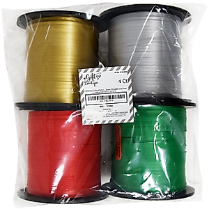 Gift Boutique Christmas Curling Ribbon Pack of 4 Rolls Green, Red Gold & Silver; Holiday Party Crafts Supplies Decorations- 350 Yards per Roll – Total of 4200 Feet 5 mm Ribbon