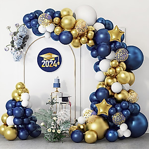 146pcs Navy Blue and Gold Balloon Garland Arch Kit, Royal Blue White Metallic Gold Confetti Mixed Sizes Balloons for Graduation Anniversary Baby Shower Wedding Birthday Party Decorations