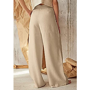 chouyatou Women's Summer High Waisted Cotton Linen Palazzo Wide Leg Casual Pants with Pockets (Large, Khaki)