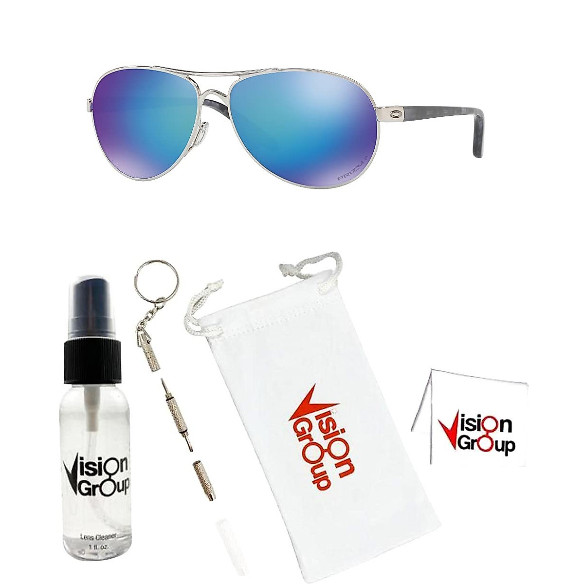 Oakley OO4079 Feedback Sunglasses+ Vision Group Accessories Bundle for unisex-adult(Polished Chrome/Prizm Sapphr Iridium Polarized (407933)