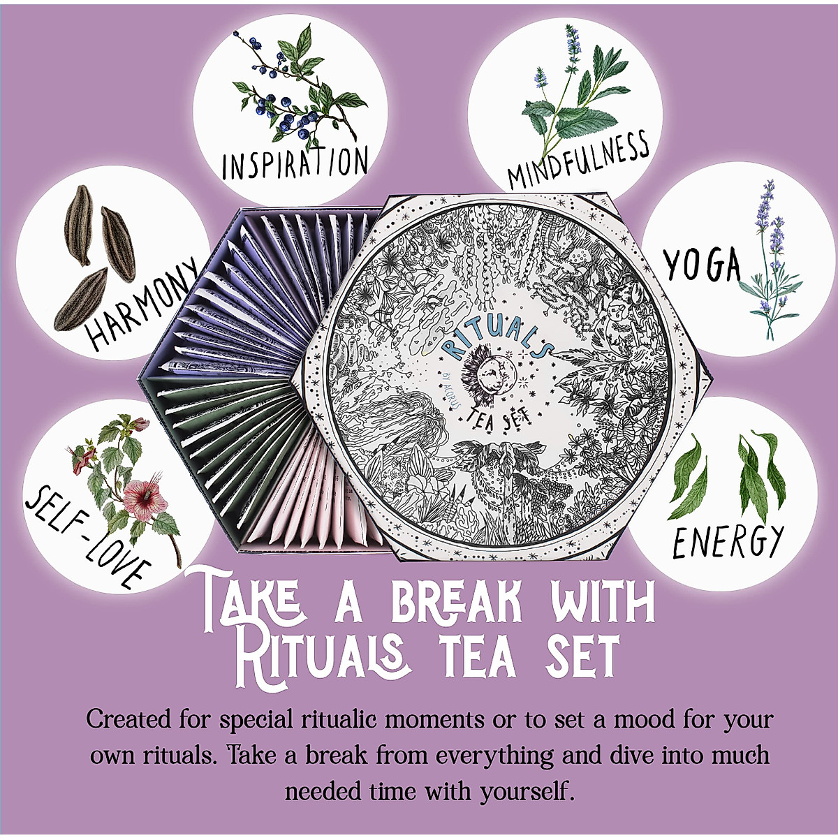 ACORUS | Rituals Tea Set | Natural Assorted Tea Hamper Box | Tea Gift Set of 6 Different Teas | Herbal and Fruit Tea Sampler | Tea Variety Pack | 60 Tea Bags