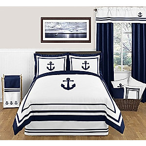Sweet Jojo Designs Anchors Away Nautical Navy and White Boys 3 Piece Full/Queen Bedding Set