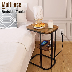 Allinside C Shaped End Table with Charging Station, 2-Tier Side Table with Storage Shelf Large Laptop TV Snack Tray Ideal for Couch, Sofa Slide Under, Bedside, Small Spaces (2 USB Ports & 2 Outlets)