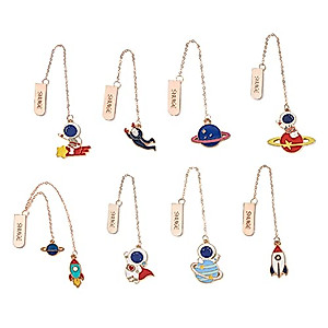 Beadthoven 8pcs Space Theme Metal Bookmarks with Chain Metal Enamel Charms Cute Astronaut Planet Rocket Metal Book Marker Page Clip Pendants for Student Kids School Office Book Reading Supplies