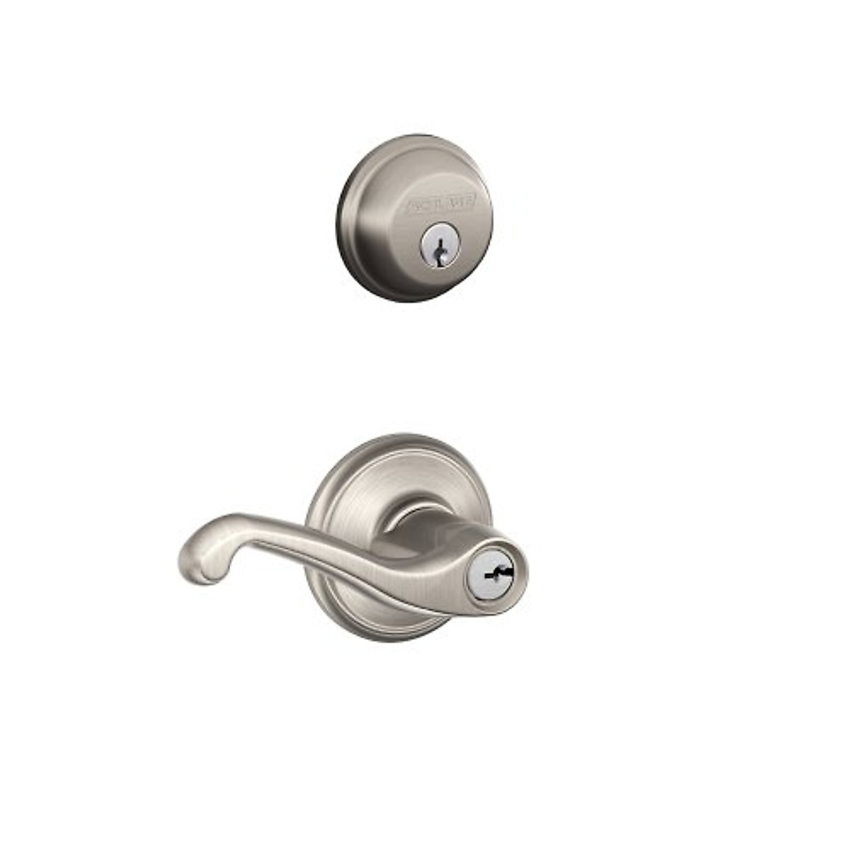 Schlage FB50N V FLA 619 B60 Single Cylinder Deadbolt and F51 Keyed Entry Flair Lever Keyed Alike, Satin Nickel finish