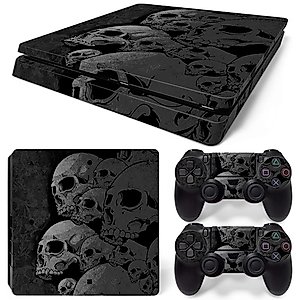 Vinyl Skin Sticker for PS4 Slim, Black Skull PS4 S Console and Controllers Skins Wrap Vinyl Sticker Decal Cover
