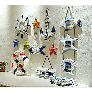 Hooshing Boat Steering Wheel Decor Wooden Mediterranean Style Crafts Rudder Wall Decoration Fishing Net for Wall Door Home Office White