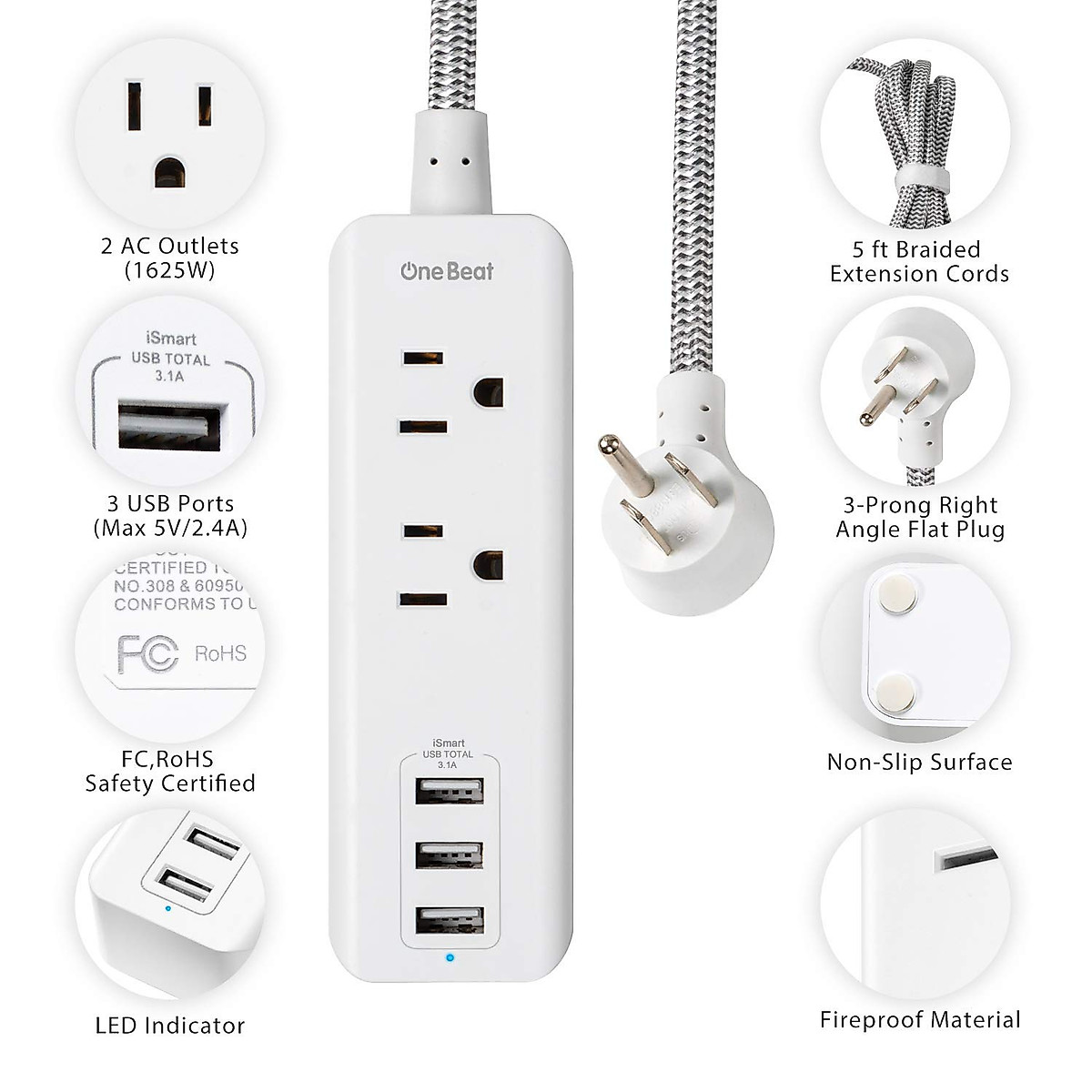 Power Strip with 3 USB Charging Ports(15W/3.1A) and 2 Outlets, Desktop Charging Station with 5 Foot Braided Extension Cord, Right Angle Flat Plug, Small for Travel Hotel, Cruise Ship, Home and Office