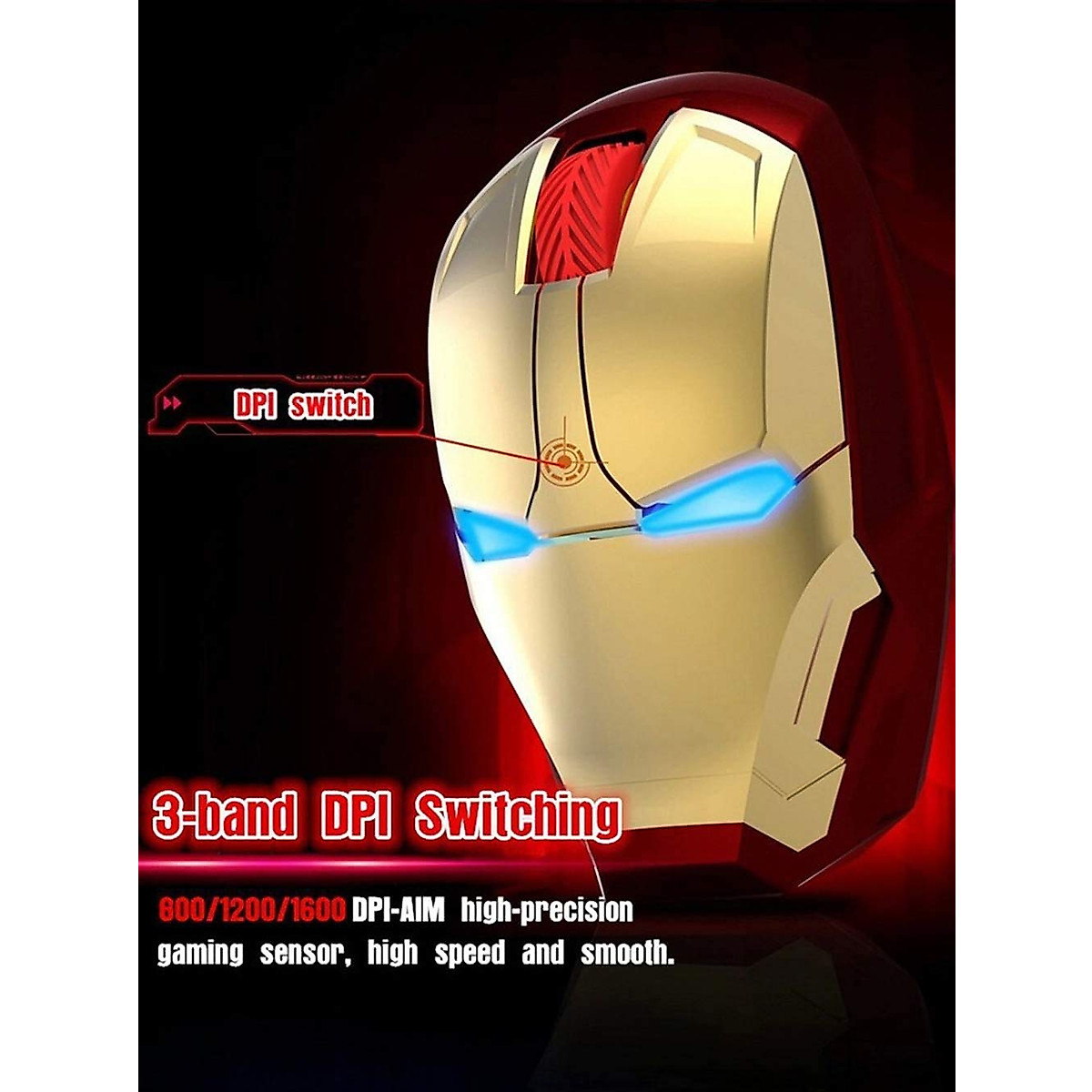 Ergonomic Wireless Mouse Cool Iron Man Mouse 2.4G Portable Mobile Computer Click Silent Mouse Optical Mice with USB Receiver, Black or Golden for Notebook PC Laptop Computer Mac Book, Add a Keychain