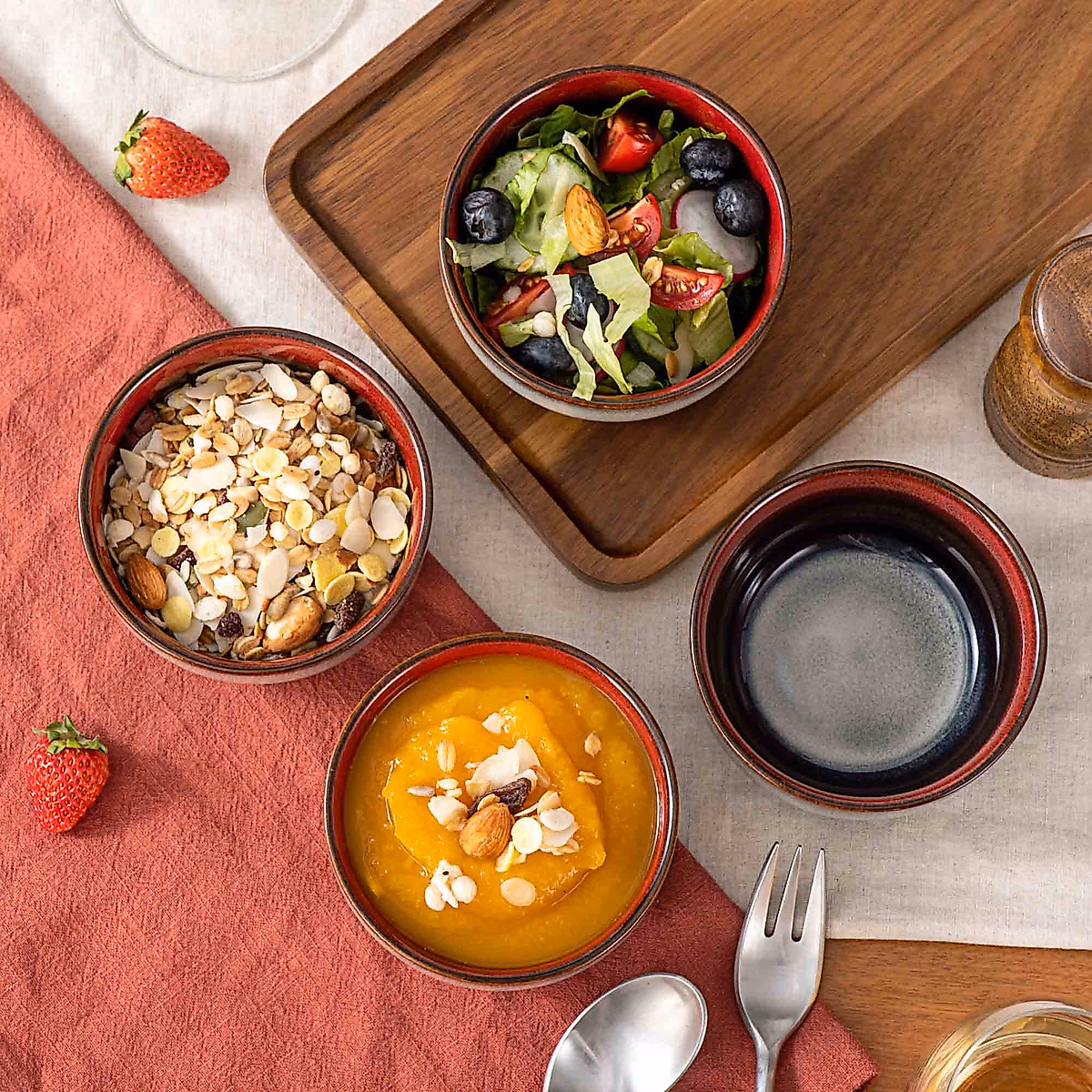 Henten Home Ceramic Small Bowl Set of 4, 8 oz Porcelain Bowls for Snack, Rice, Soup, Noodle, Serving Stoneware Bowls, Reactive Glaze, Microwave & Dishwasher Safe (Red)