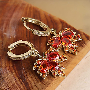Sonateomber Orange Maple Leaf Dangle Drop Small Gold Hoop Huggie Earrings for Women, Cute Sparkly Crystal Cubic Zirconia Rhinestone Fall Autumn Holiday Accessories Jewelry Gift