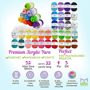 Mira HandCrafts 32 Acrylic Yarns with Real Amigurumi Book | DK Yarn for Crochet Complete Kit | 1 Crochet Hooks, 2 Needles, 4 Stitch Markers, Pearl Head Sewing Pins Set, Fiber Stuffing, Safety Eyes
