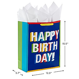 Hallmark 15" Extra Large Birthday Gift Bag with Tissue Paper ("Happy Birthday," Red, Blue, Yellow, Green) for Kids, Teachers, Coworkers, Friends