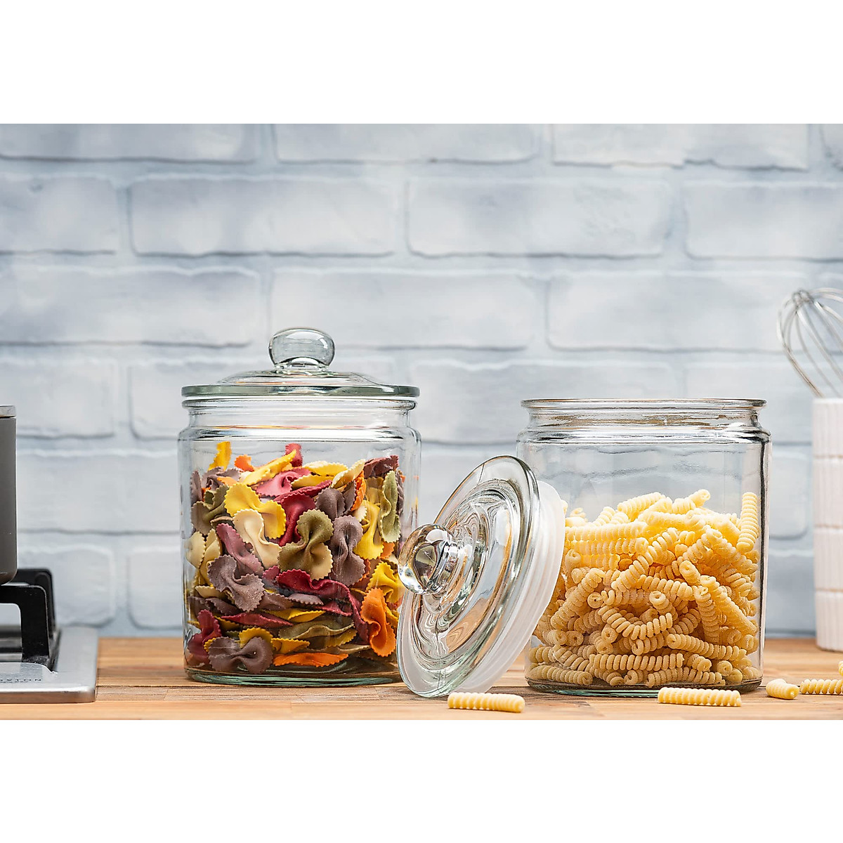 Set of 2 Glass Cookie Jars + Labels & Marker - 1 Gallon Canister Sets for Kitchen Counter with Airtight Lids, Sugar Packet Holders Food Storage Containers with Lids Airtight for Pantry, Flour, Sugar,