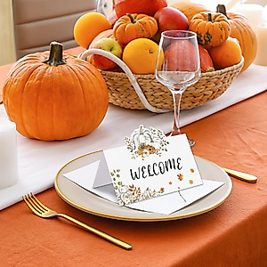 Whaline 100Pcs Fall Place Cards 3.5 x 2 Inch Pumpkin Leaves Tented Cards Autumn Seating Cards for Thanksgiving Party Table Setting Supplies