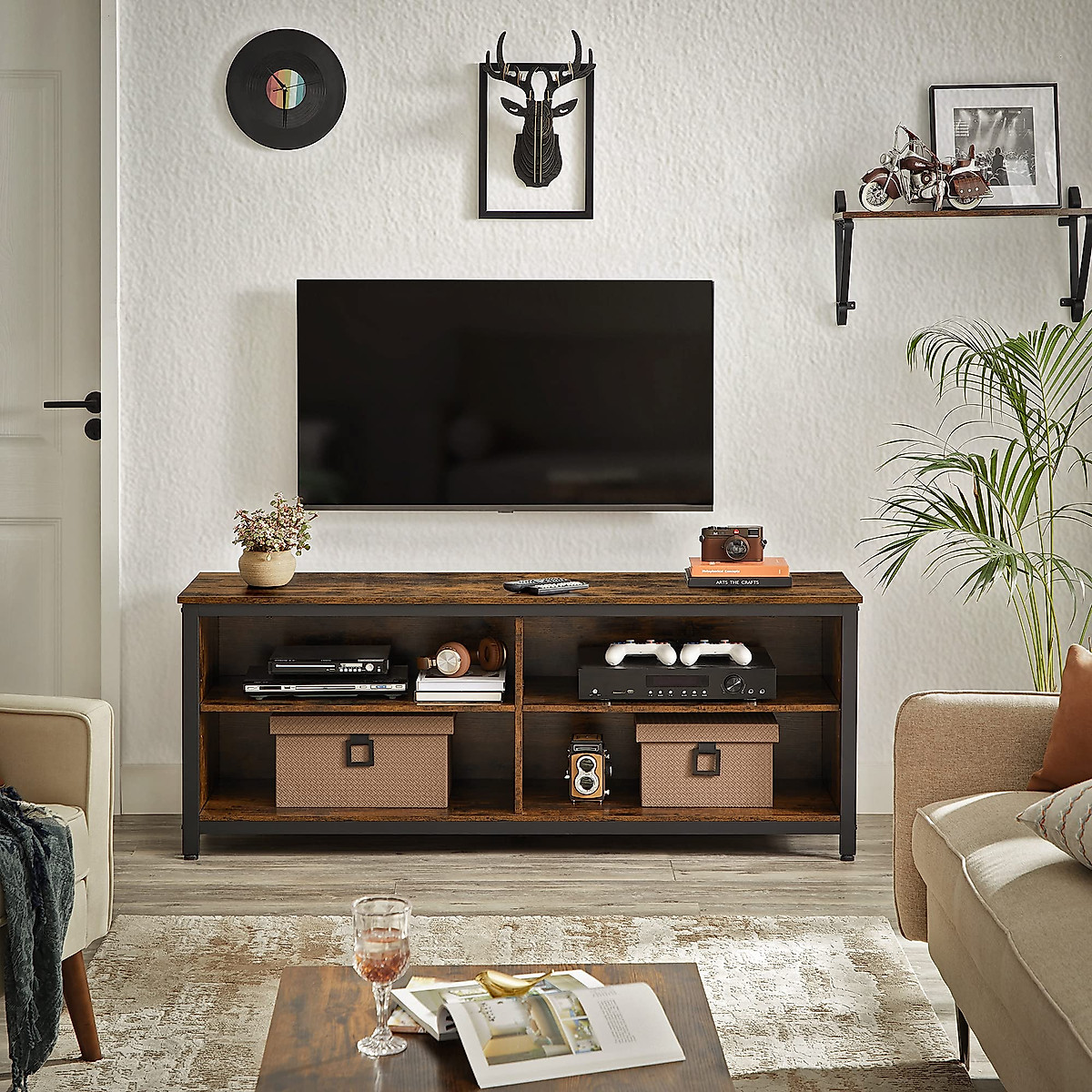 VASAGLE TV Stand for Televisions up to 65 Inch, Entertainment Center, with Adjustable Shelves for Living Room, Bedroom, 57.9 x 15.7 x 23.6 Inches, Rustic Brown + Black