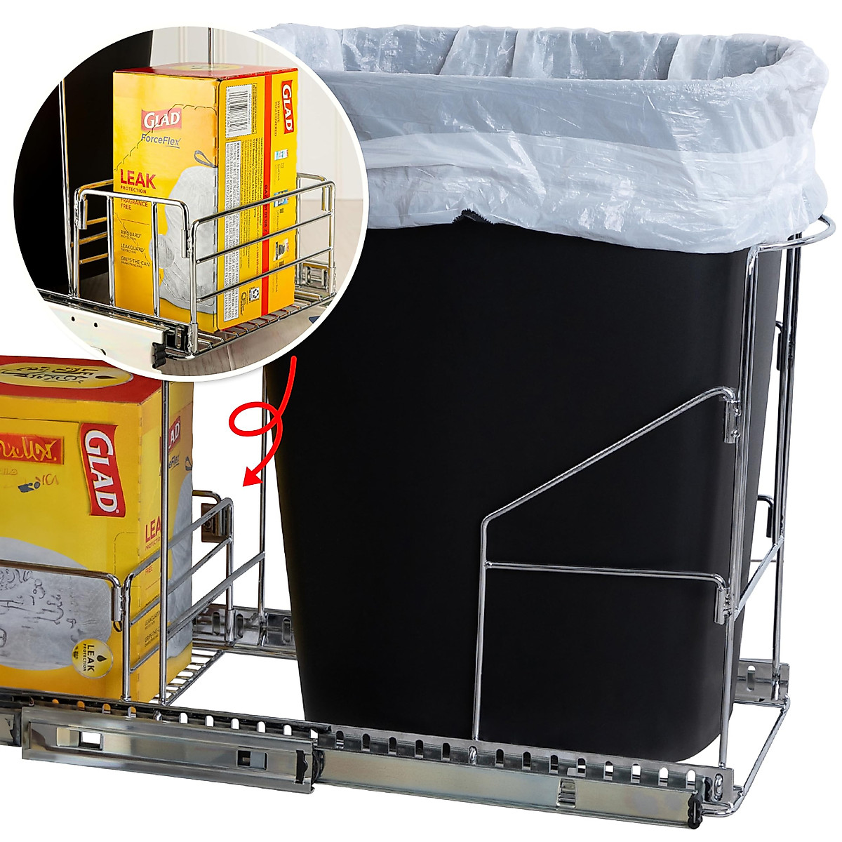 HOLDN’ STORAGE Pull Out Trash Can Under Cabinet - Trash Can Not Included - Dedicated Space for Disposable Trash Bags, Requires a 11” Cabinet Opening, Adjustable, Heavy Duty, Anti Rust Chrome Finish
