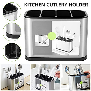 Keyohome Kitchen Cutlery Holder Stainless Steel Large Capacity Utensil Holder with Divider Weighted Base for No Tipping for All Kitchens Countertop or Table,18x13x8.6cm