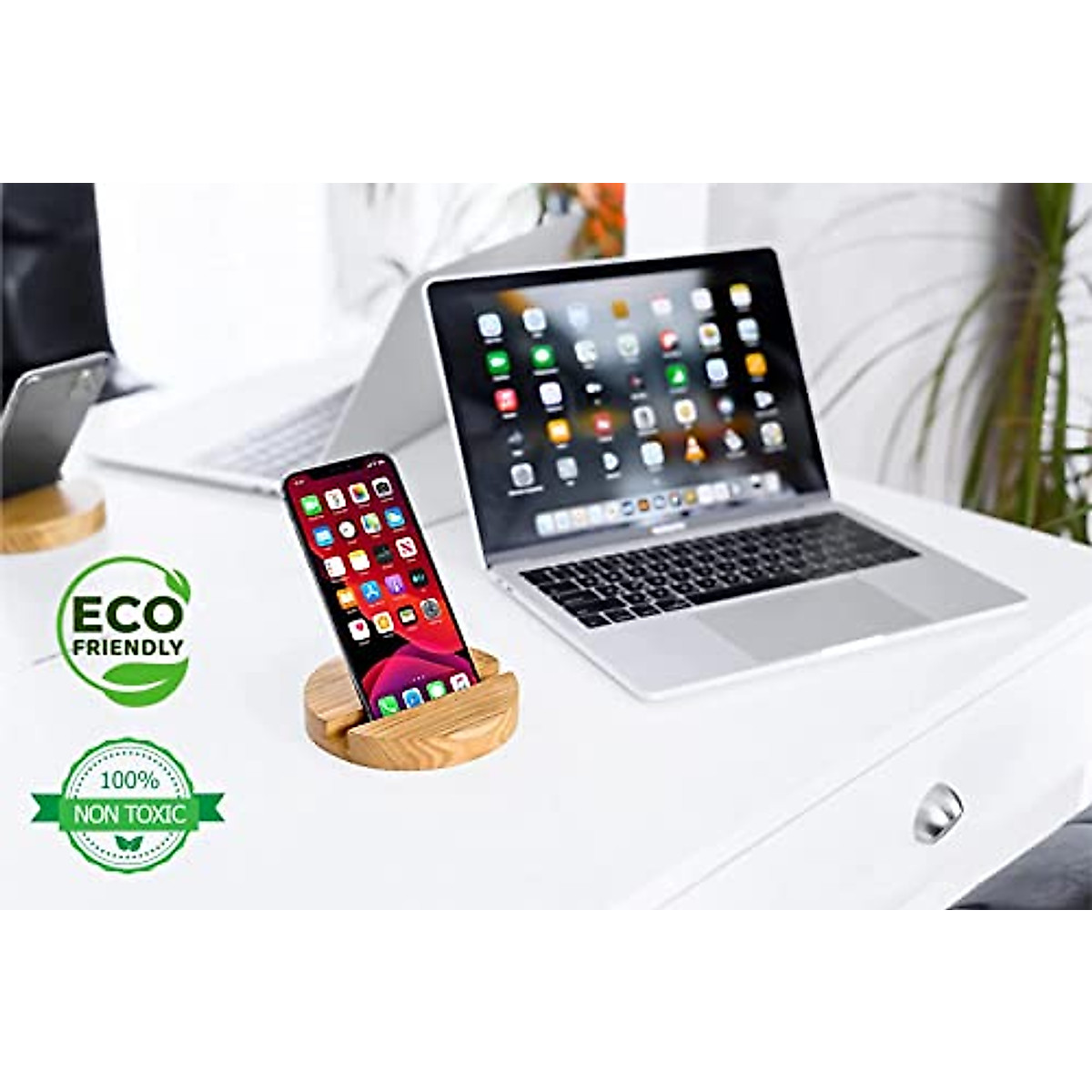 Wooden Cell Phone Stand Accessories - NOT SCRATCH - Eco Friendly OAK WOOD - Universal Desktop Cellphone Holder - Smartphone Portable Desk Organizer Compatible With All iPhone Android Tablet