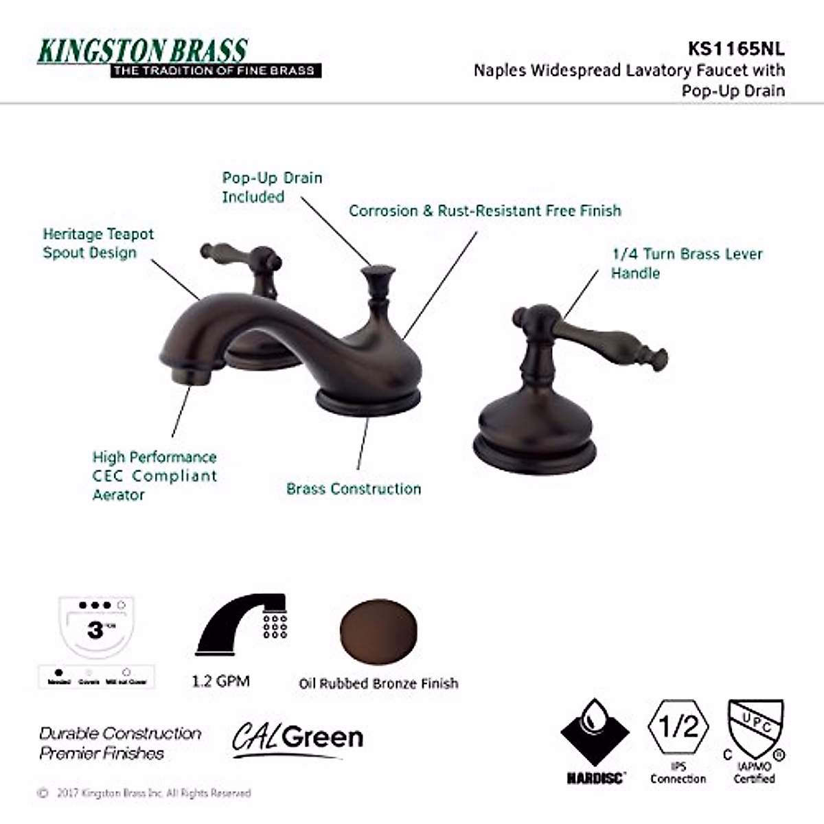 Kingston Brass Elements of Design ES1165NL Hot Springs 2-Handle 8' to 16' Widespread Lavatory Faucet with Brass Pop-up, 5- 1/2', Oil Rubbed Bronze