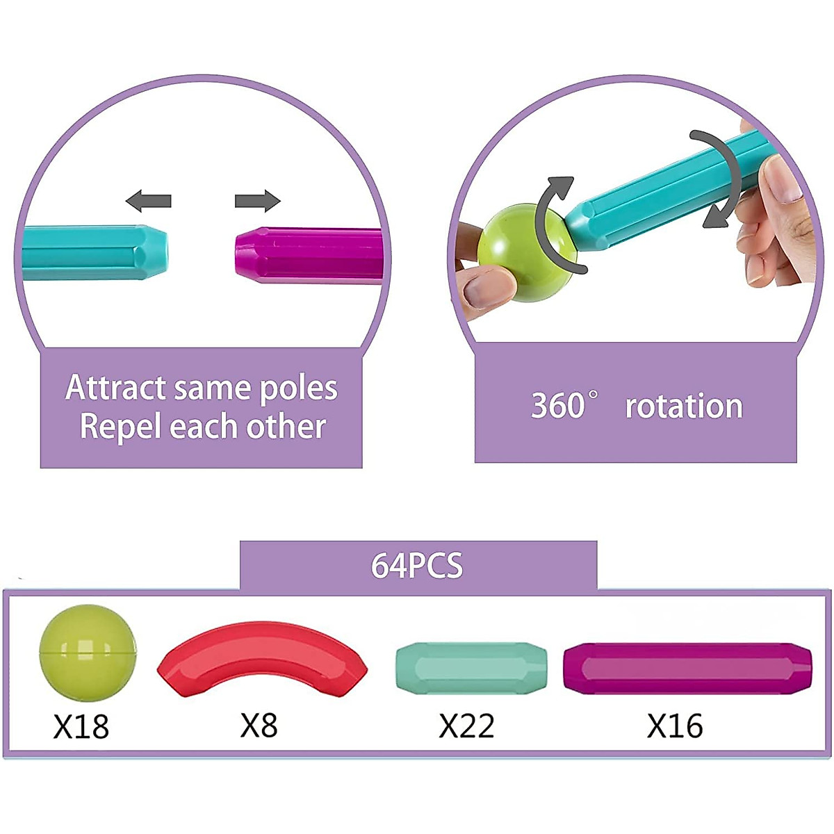 fengyang 64 PCS DIY Magnetic Balls and Rods Set Building Sticks Blocks Vibrant Colors Different Sizes Curved Shapes Children Educational Stacking STEM Magnet Toys for Kids Age 3+…