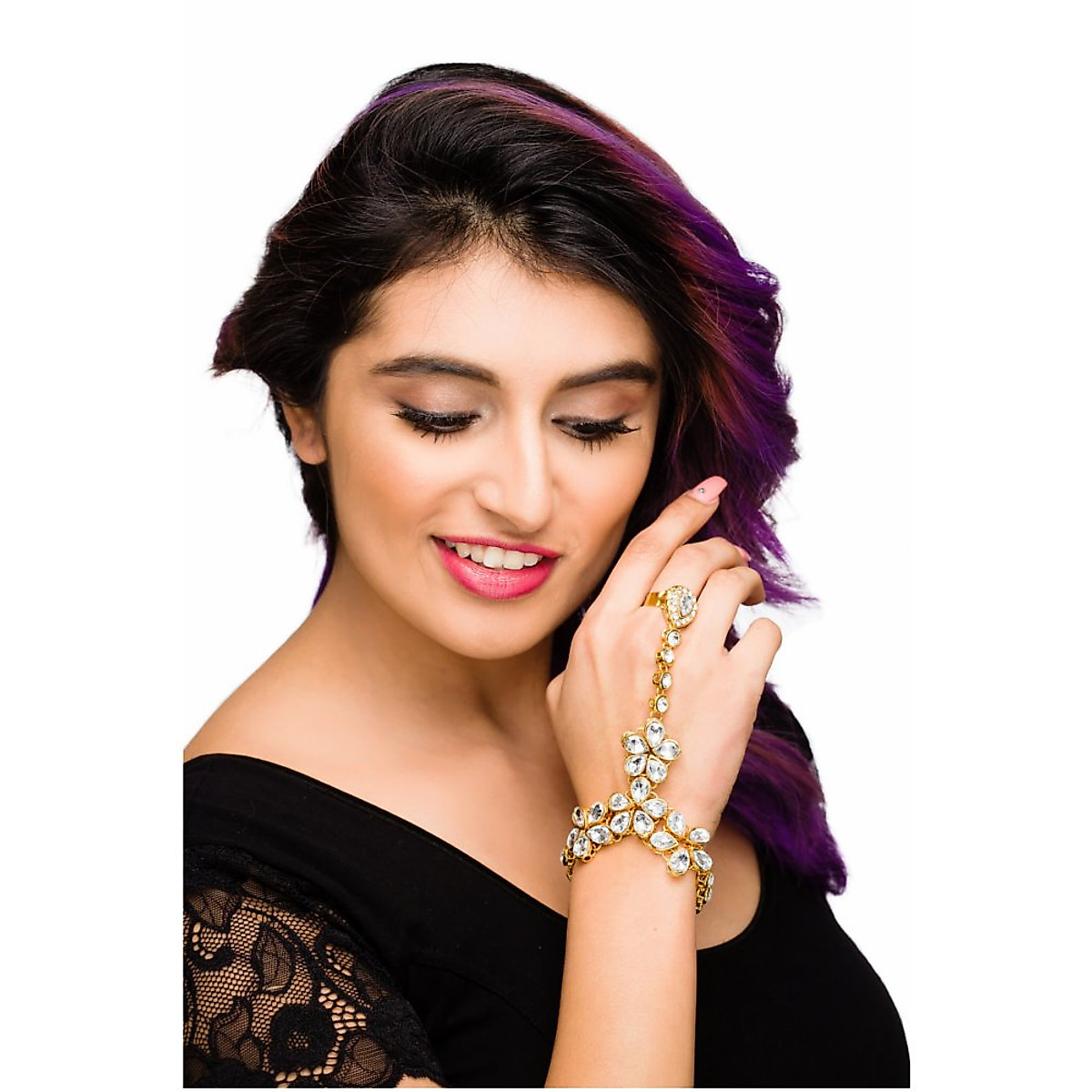 Duel On Jewel Traditional Indian Ethnic Womens Bridal Wedding Party Gold Plated Hand Piece Ornament Haath Phool Bracelet Set Attached with One Adjustable Ring in White Kundan Stone