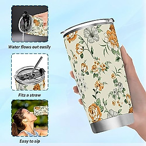 Jihqo Vintage Flower Tumbler with Lid and Straw, Insulated Stainless Steel Tumbler Cup, Double Walled Travel Coffee Mug Thermal Vacuum Cups for Hot & Cold Drinks 20oz