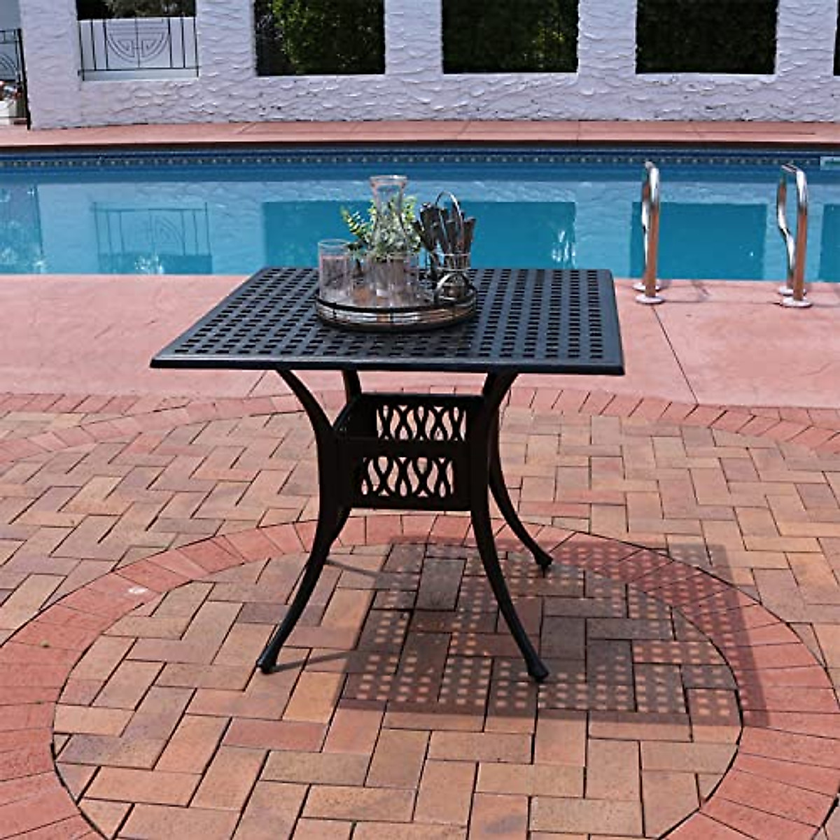 Sunnydaze Square Patio Dining Table - Outdoor Heavy-Duty Black Cast Aluminum - 4-Person Outside Patio Furniture with Umbrella Hole - Modern Dinette Table - Outdoor Patio Table - 35-Inch