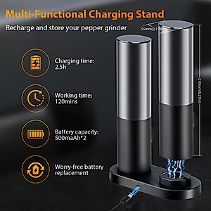 TasteTwirl Upgraded Electric Salt and Pepper Grinder Set Rechargeable, USB Charging Stand, Automatic Spice Mill Shakers Refillable, One Handed Operation, Adjustable Coarseness, LED Light