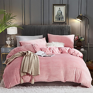 YASMENG Fluffy Velvet Duvet Cover Set Blush Pink Queen Size Fall Winter Soft Warm Flannel Comforter Cover Girls Pink 90" x 90" Luxury Cozy Plush Fleece Reversible Bedding Duvet Cover Set Pale Pink