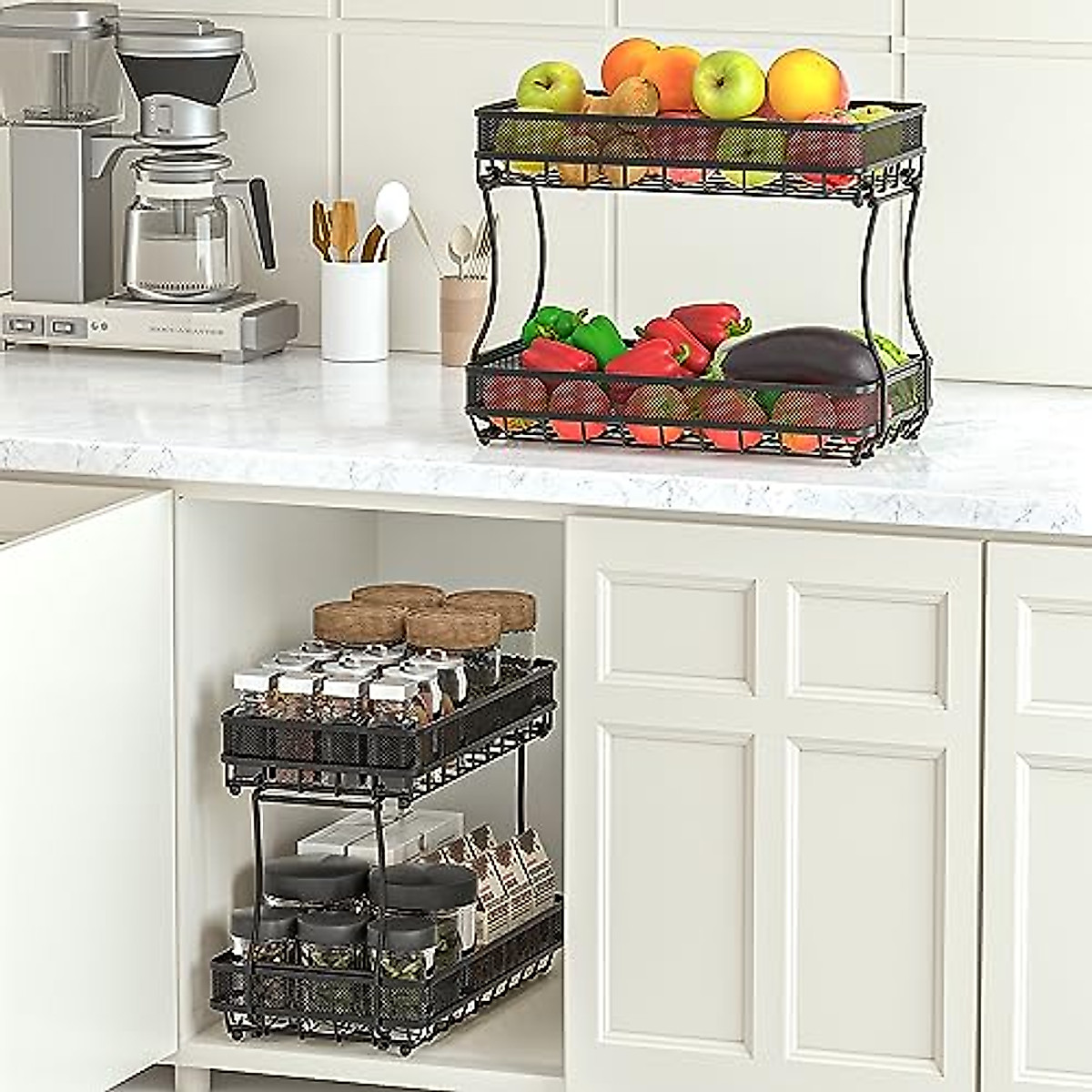 iNUREYE 2 Tier Fruit Basket for Counter, Metal Fruit Basket Stand Detachable Fruit Holder Bread Vegetable Storage Basket Square Fruit Bowl for Kitchen Counter Dining Table
