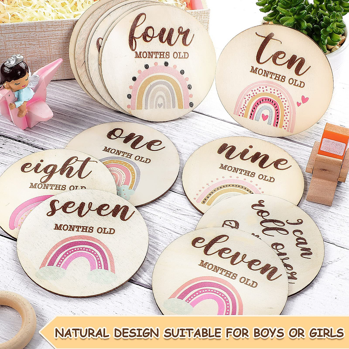 13 Pieces Baby Monthly Milestone Wooden Cards Boho Rainbow Double Sided Printed Milestone Discs Wood Gift Photo Prop Discs Sets Birth Announcement Sign for Baby Shower Newborn