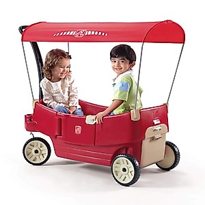 Step2 All Around Canopy Wagon for Kids, Spacious Outdoor Wagon with Seats, Safety Belts, and Adjustable Canopy, Ages 1.5-5 Years Old, Red