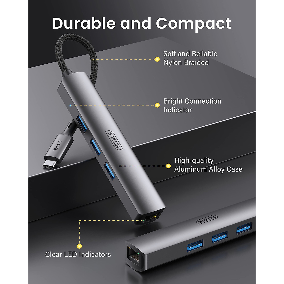 USB C to Ethernet Adapter, SAILLIN USB C Hub with RJ45 Gigabit and 3 USB 3.0 Ports, Thunderbolt 3 Multiport Adapter Hub 4 in 1 for MacBook Pro/Air, iPad Pro, iMac, Dell XPS, Surface Pro, Chromebook