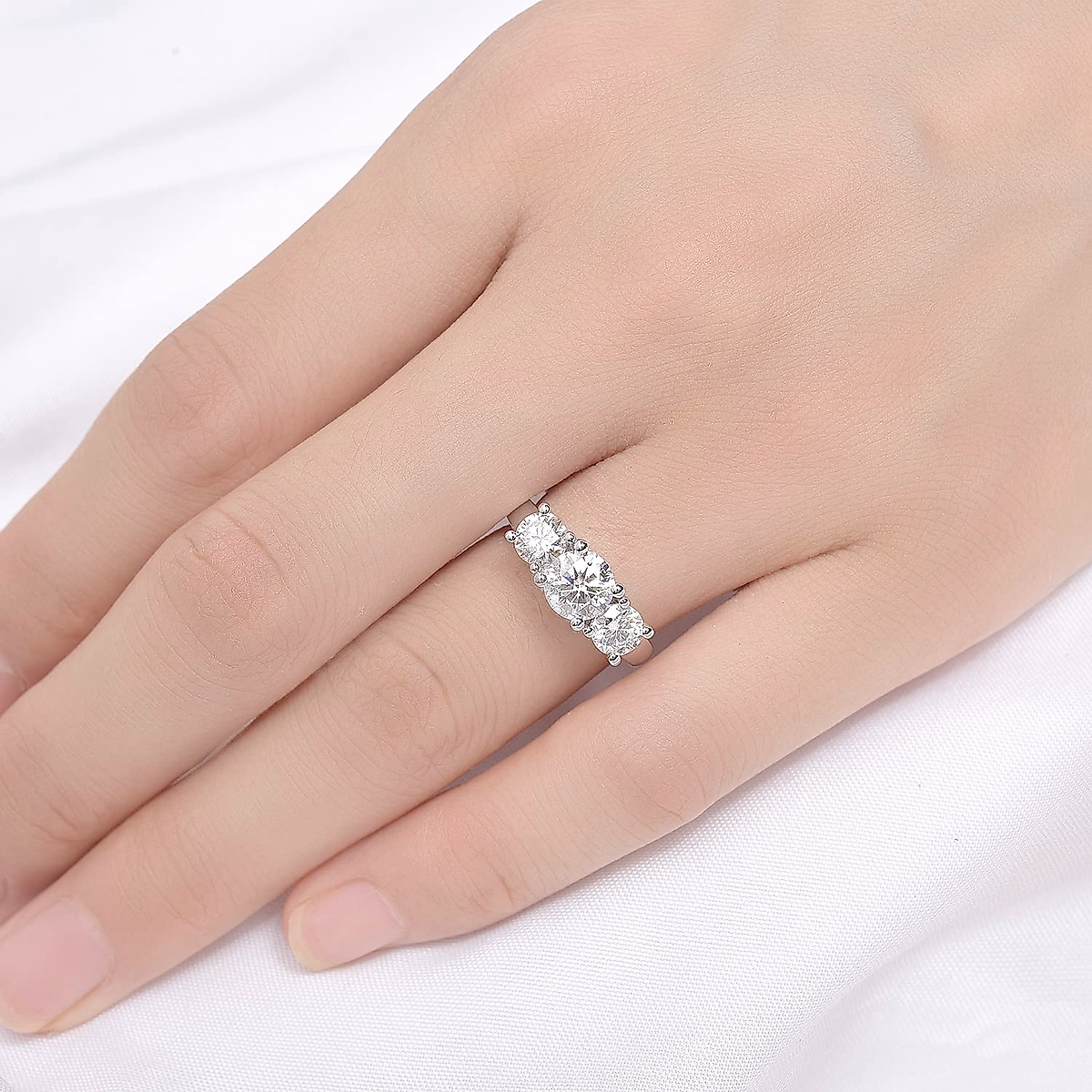 DovEggs Three Stone Moissanite Engagement Rings for Women 2ct Total Center 5mm-6.5mm-5mm GHI Color Cut Moissanite Engagement Rings Wedding Band 14k Gold QUALITY Sterling Silver Anniversary Ring(8)