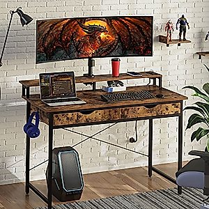 Rolanstar Computer Desk with 2 Drawers and Power Outlet, 47" Home Office Writing Desk with Monitor Stand, Workstation Table with Stable Metal Frame, Rustic Brown